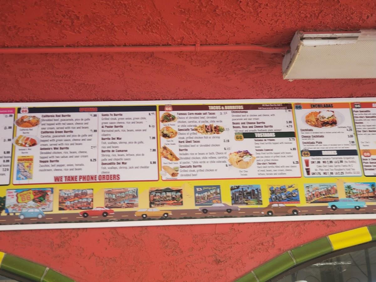Menu at Cha-Cha's Tacos restaurant, Redlands
