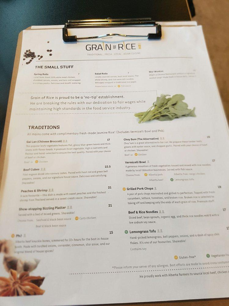 Menu au Grain of Rice restaurant, Edmonton
