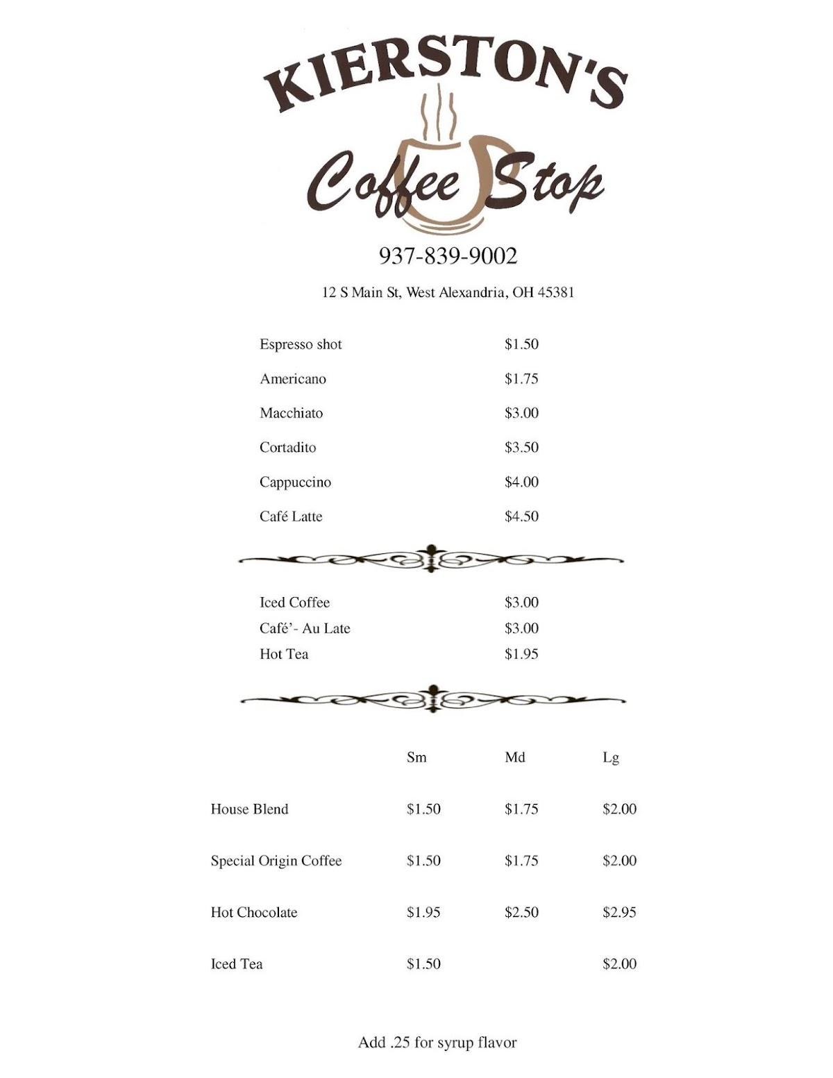 Menu at Kierston's Coffeestop restaurant, West Alexandria