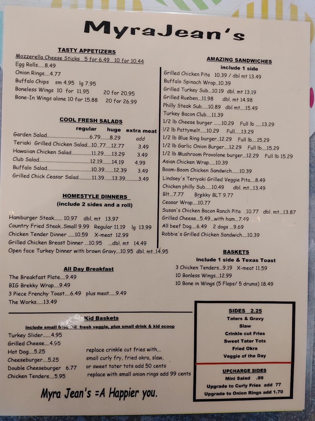 Menu at Myra Jean's restaurant, Crawfordville