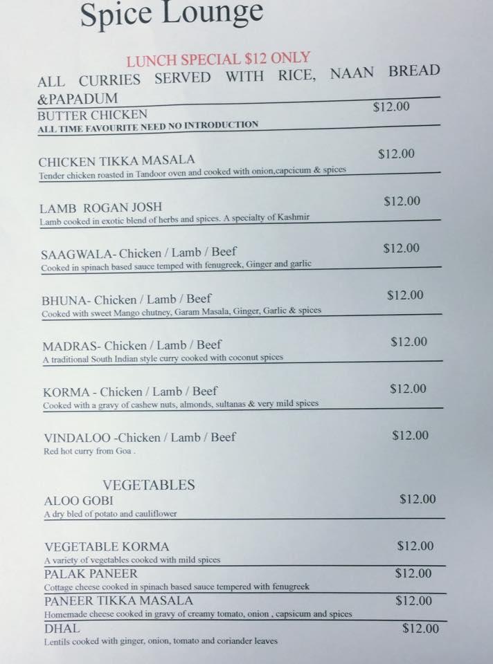 Menu at Spice Lounge restaurant, Wellsford