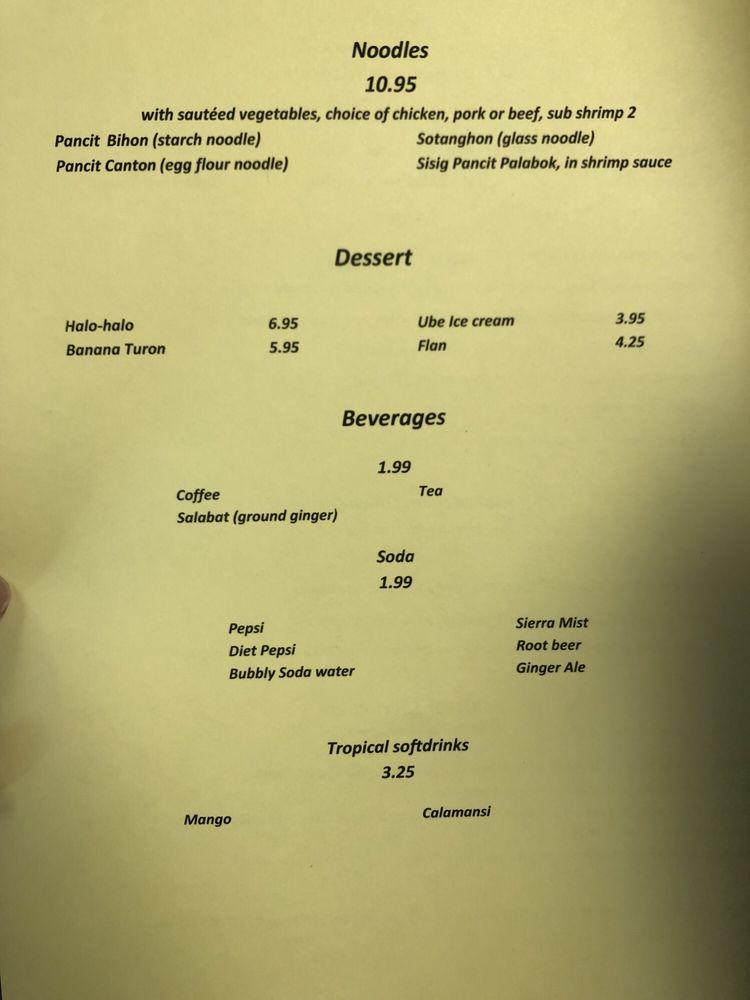 Menu at Tambayan Filipino Eatery restaurant, Santa Rosa
