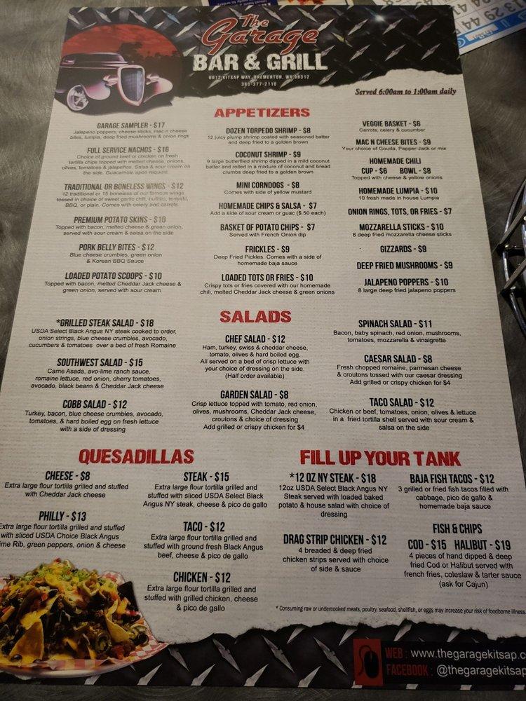 Menu at The Garage Bar & Grill, Bremerton, Kitsap Way