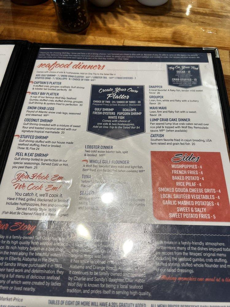 Menu at Wolf Bay Restaurant at Orange Beach, Orange Beach, Perdido ...