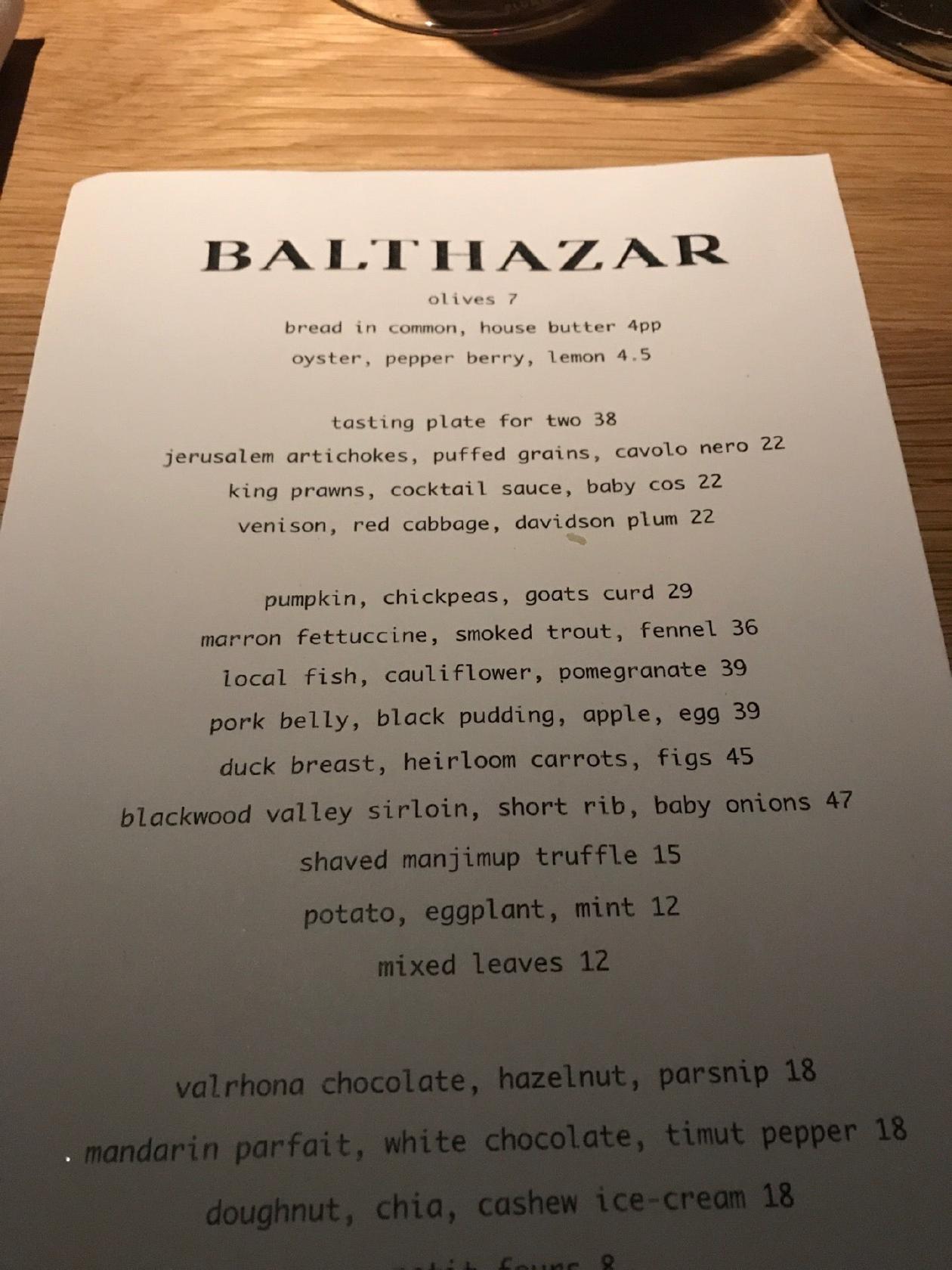 Menu at Balthazar restaurant, Perth
