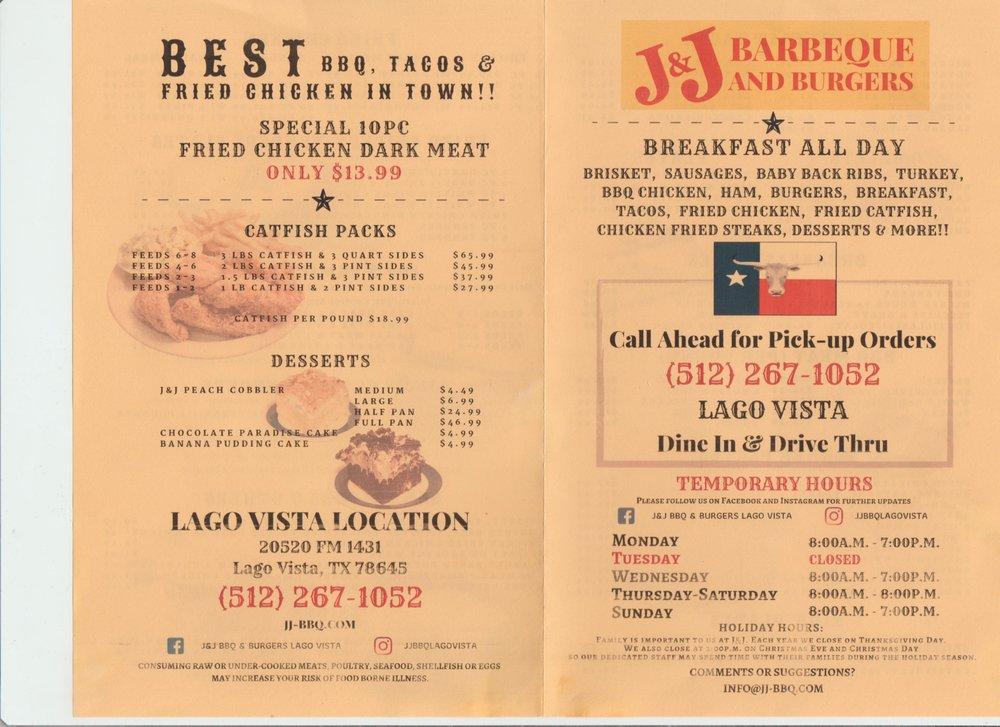 Menu at J&J BBQ & Burgers, Lago Vista