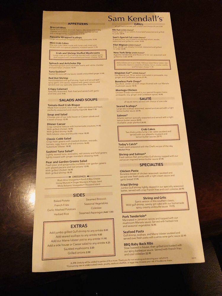 Menu at Sam Kendall's steakhouse, Camden