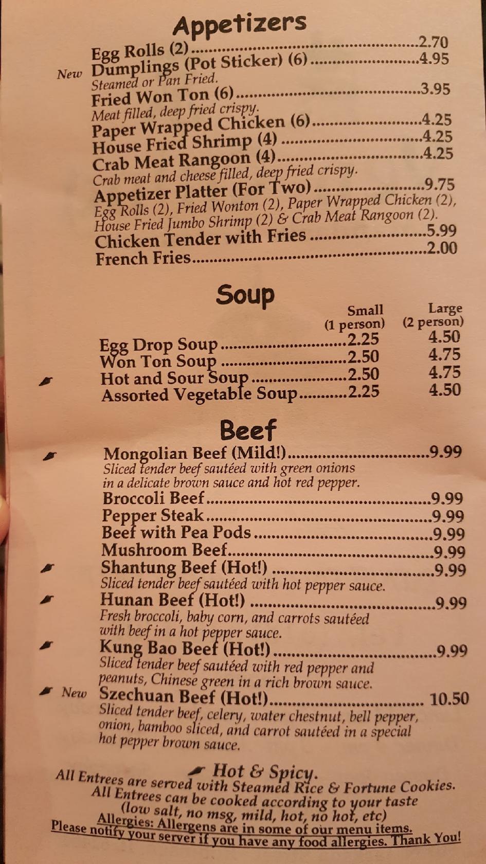 Menu at Yen Ching Mandarin Restaurant, Robinson