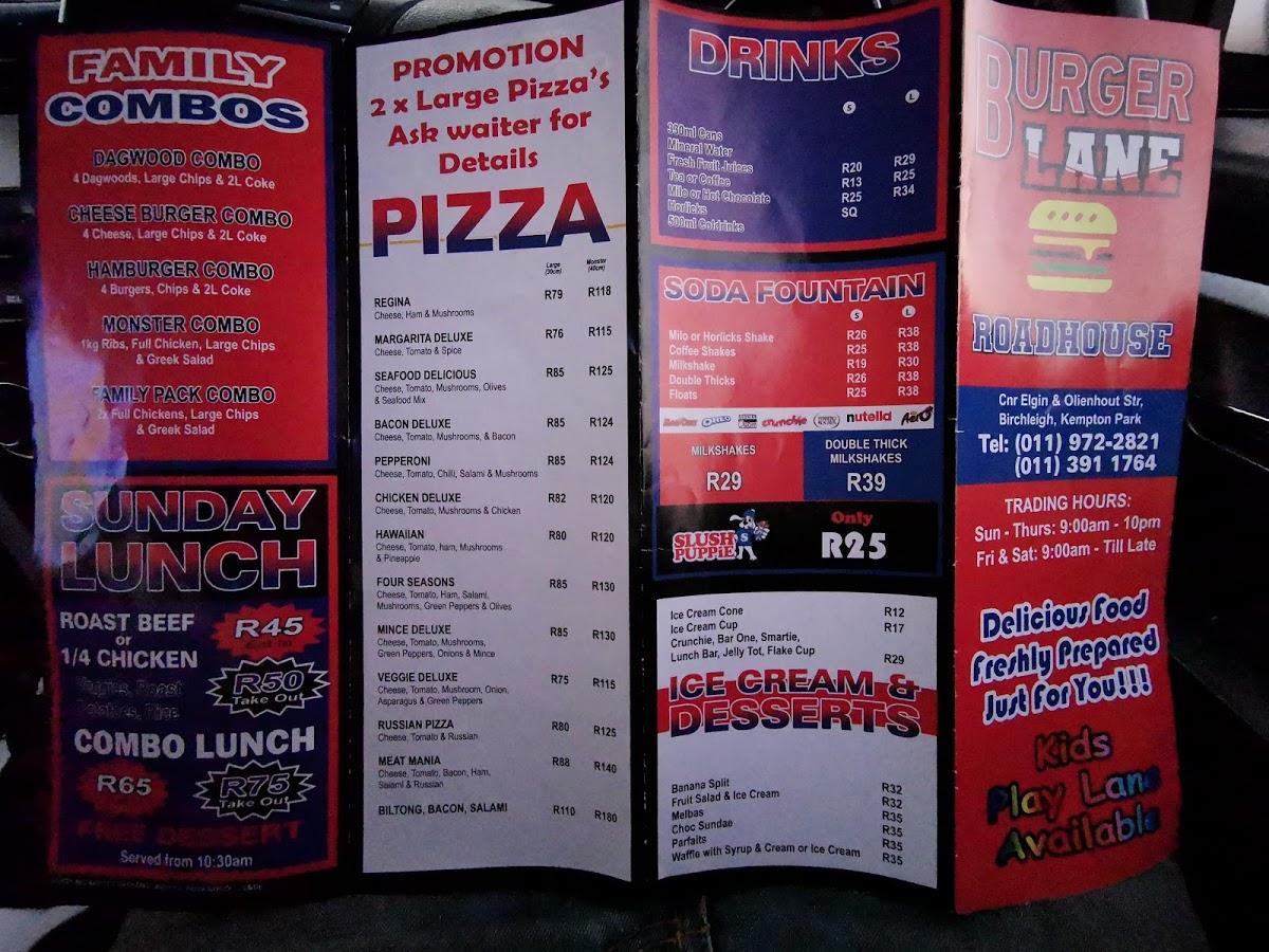Carta del restaurante Burger Lane Road House, Kempton Park