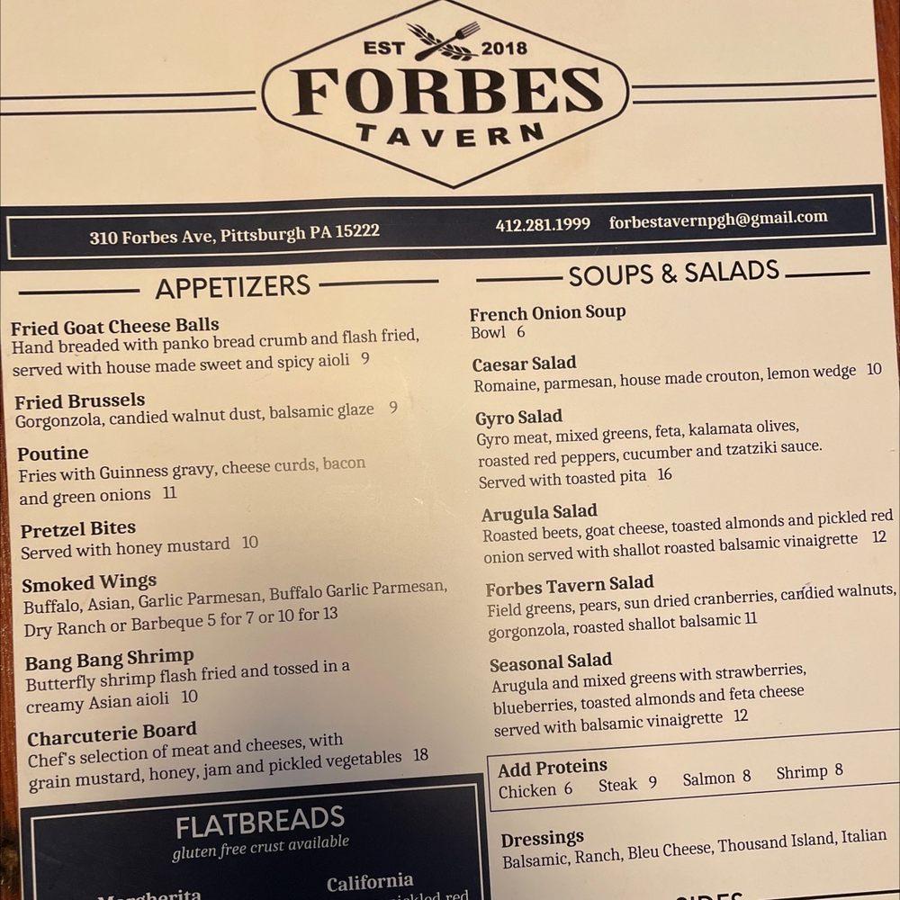 Menu at Forbes Tavern pub & bar, Pittsburgh