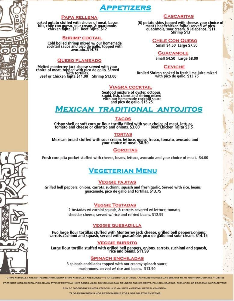 Menu at Los Patrones Fresh Mexican Cuisine restaurant, Galveston