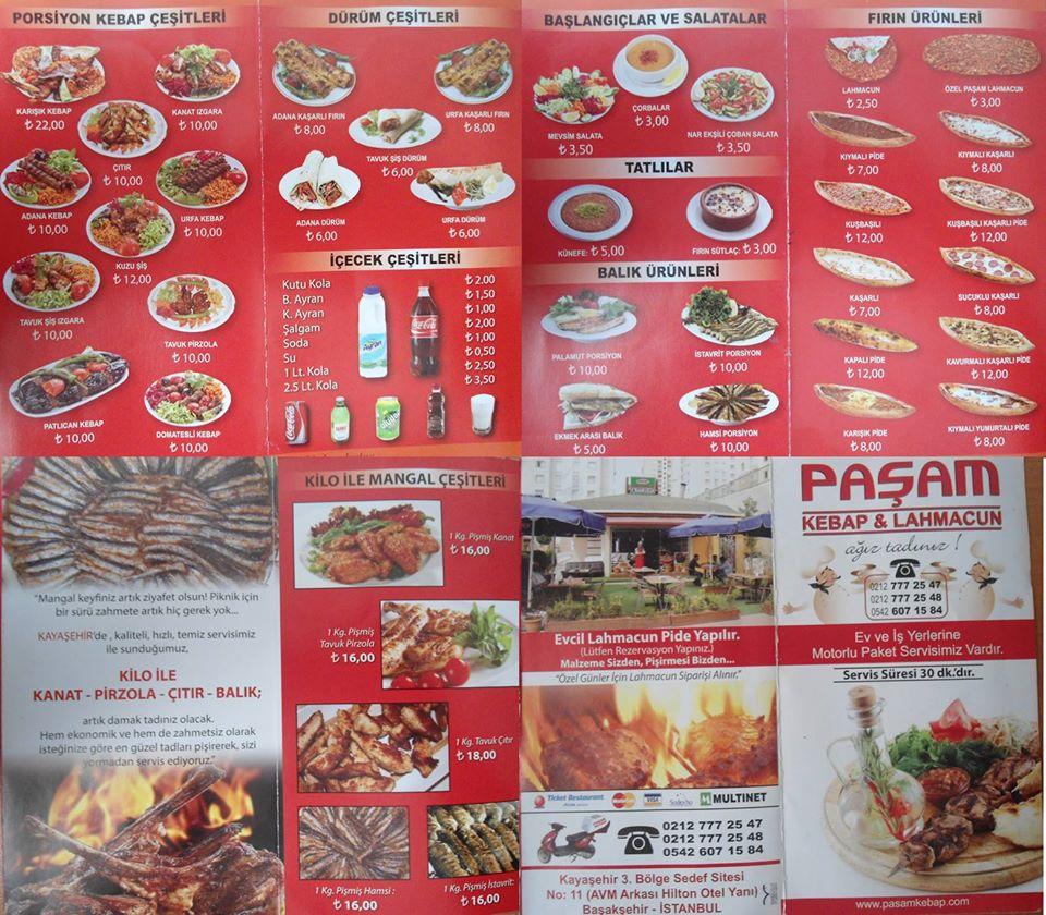 Menu at Paşam Kebab Lahmacun Pide Salonu, Istanbul