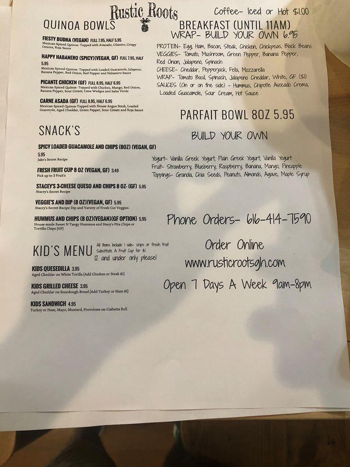 Menu at Rustic Roots cafe, Grand Haven