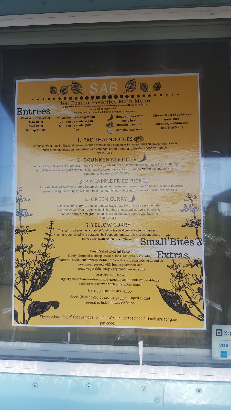 Menu at Sab restaurant, Tillamook