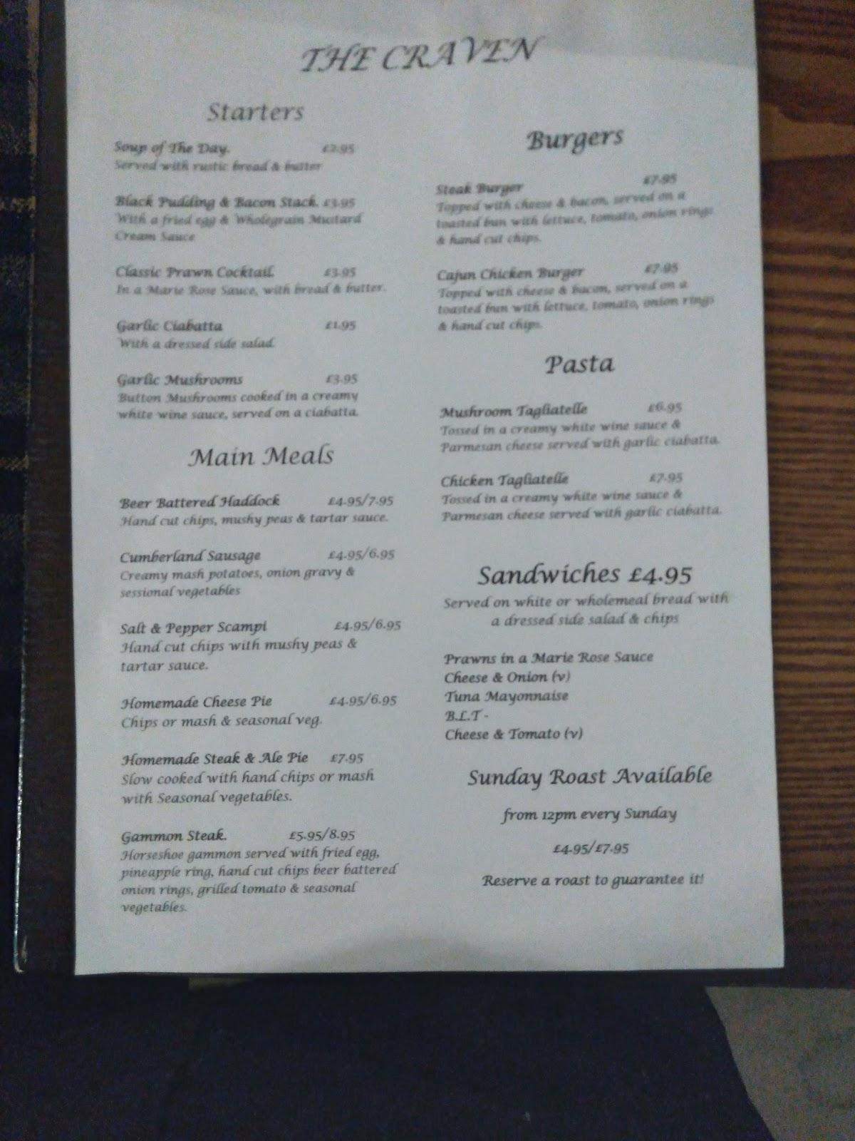 Menu at The Craven Skipton restaurant, Skipton, Craven St