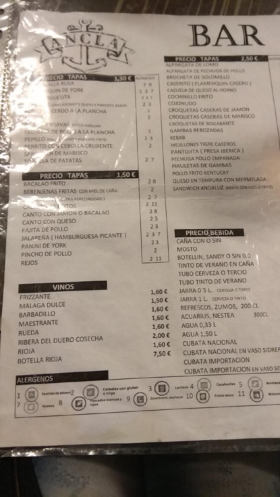 Carta de BAR ANCLA, Andújar, C. Ollerías