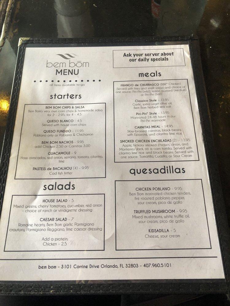 Menu at Bem Bom on Corrine pub & bar, Orlando