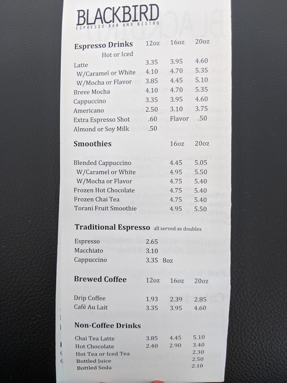 Menu at Blackbird cafe, Topeka