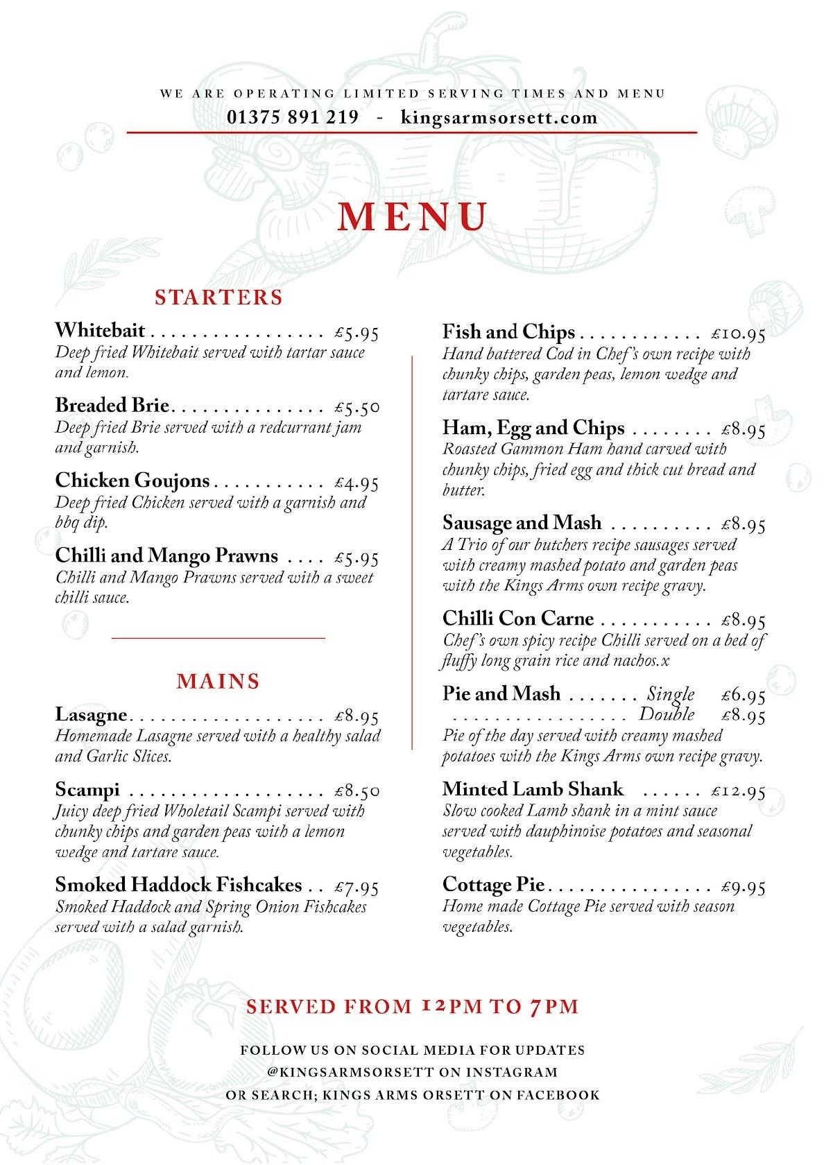 Menu at The Kings Arms pub & bar, Grays, Stifford Clays Rd