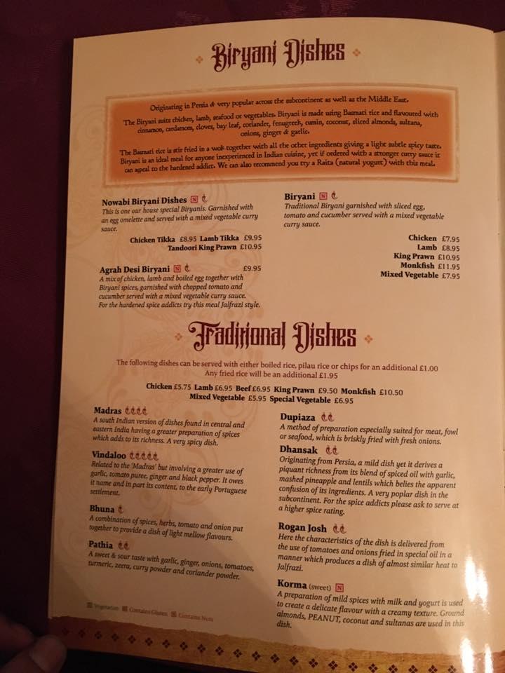 Menu at Agrah restaurant, Cleethorpes