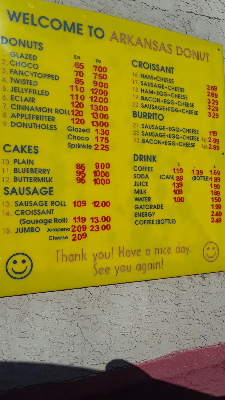 Menu at Arkansas Donuts, Arlington