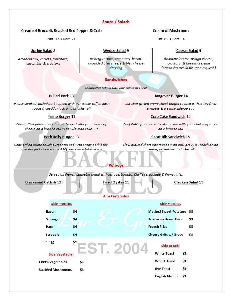 Menu at Backfin Blues Bar & Grill, Port Deposit