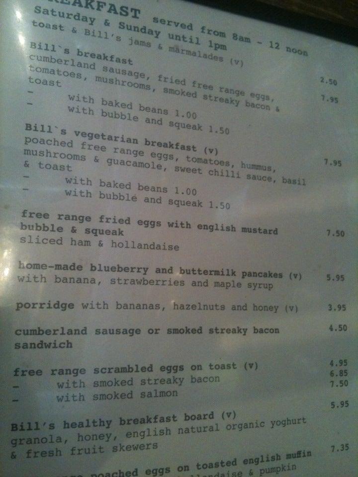 Menu at Bill's Exeter Restaurant, Exeter