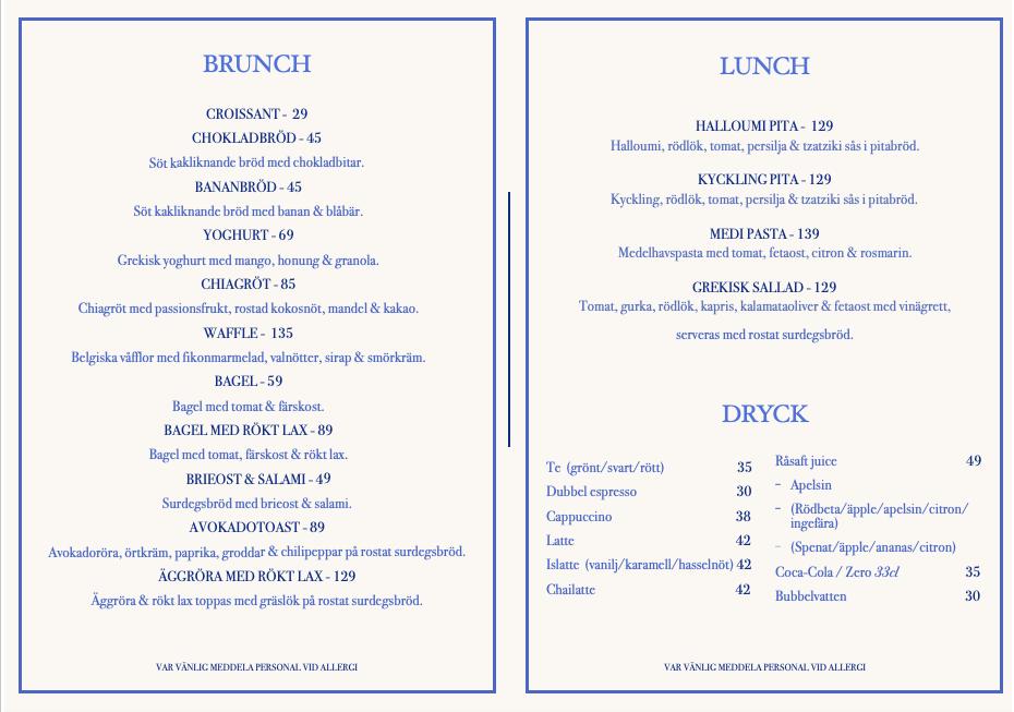 Menu at Blue Brunch & Bar, Gothenburg