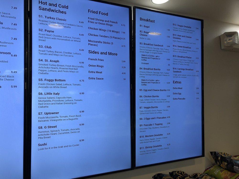 Menu at Carvings cafe, Washington