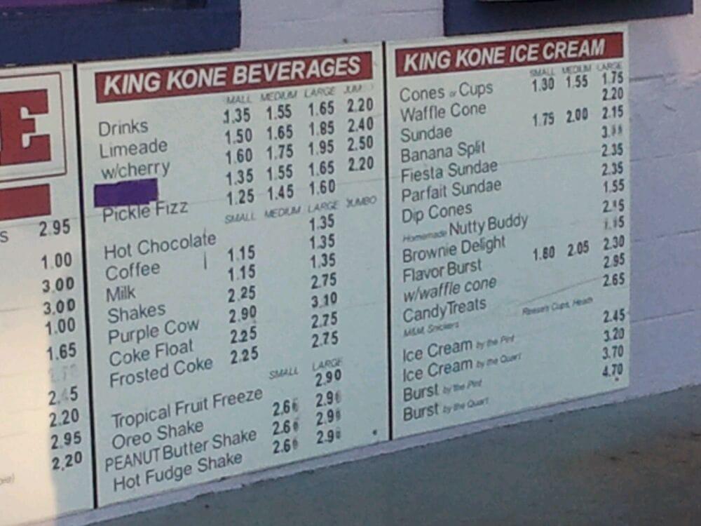 Menu at King Kone fast food, Hot Springs