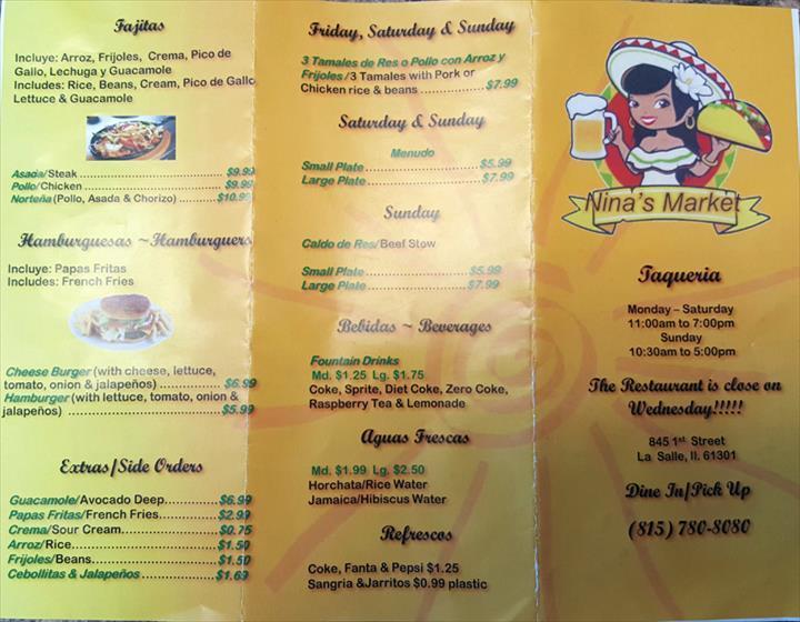 Menu at Nina's Market restaurant, LaSalle