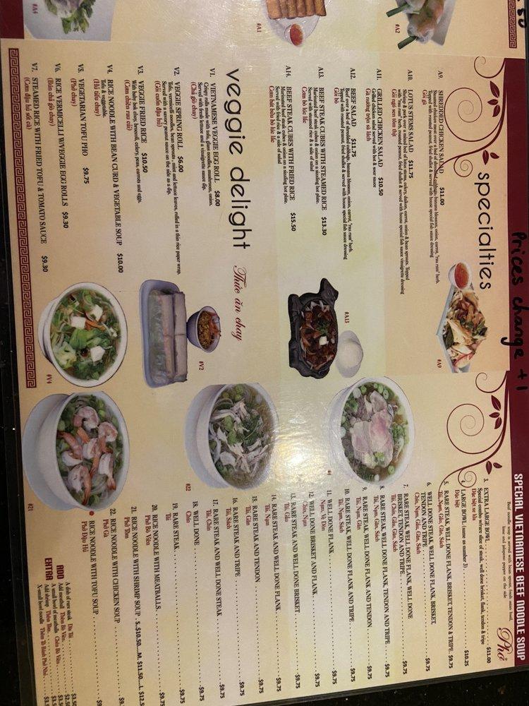 Menu at Pho Vinh Vietnamese Noodle House restaurant, Chula Vista