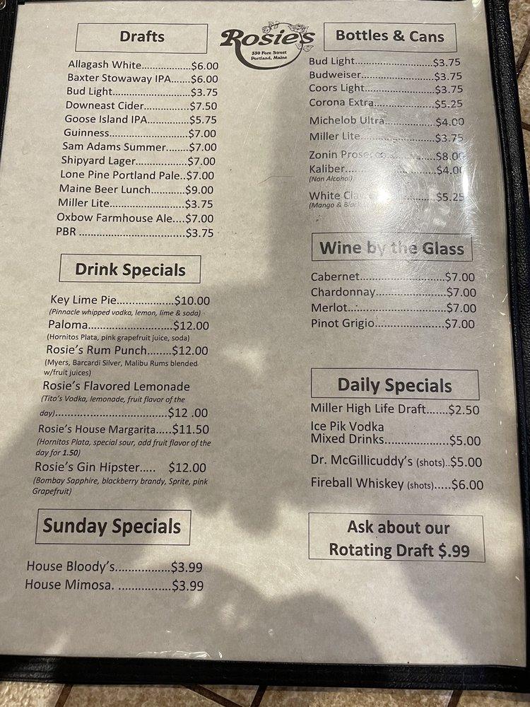 Menu at Rosie's Restaurant & Pub, Portland