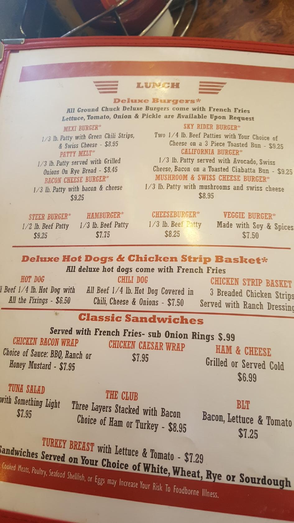 Menu at Sky Rider Cafe, Marana