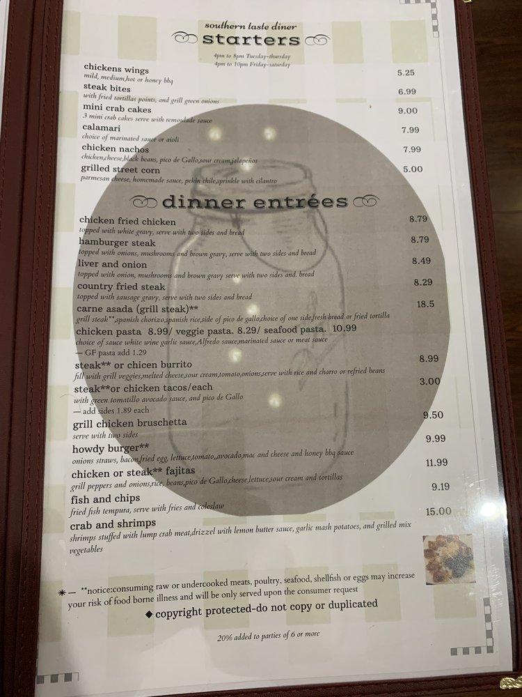 Menu at Southern taste diner restaurant, Richmond