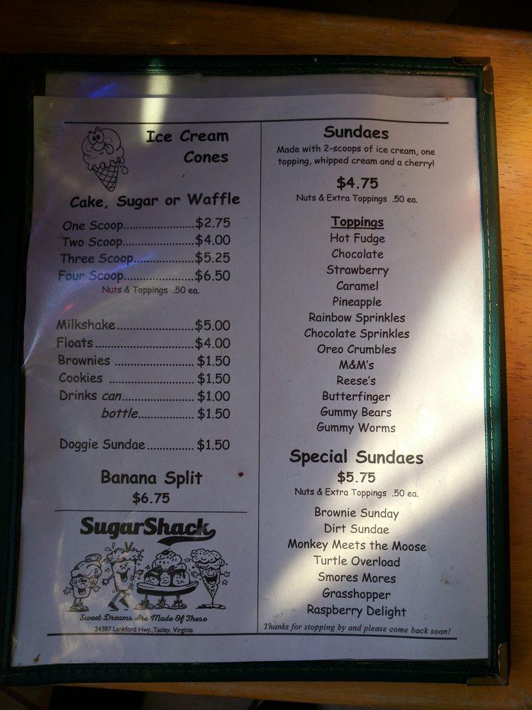 Menu at Sugar Shack, Tasley, Lankford Hwy