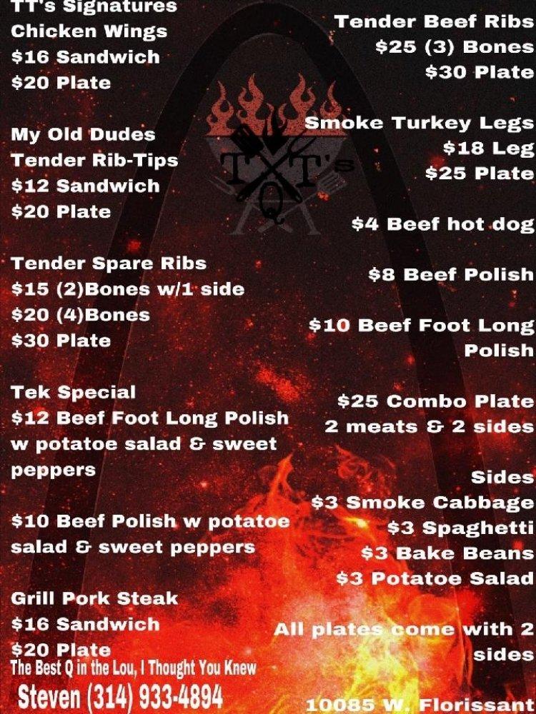 Menu at TT's Q fast food, St. Louis