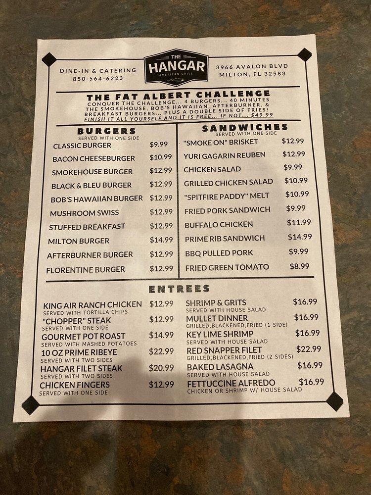 Menu at The Hangar American Grill restaurant, Milton