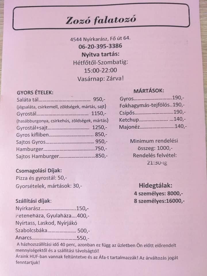Menu at Zozó Pizzéria pizzeria, Nyírkarász