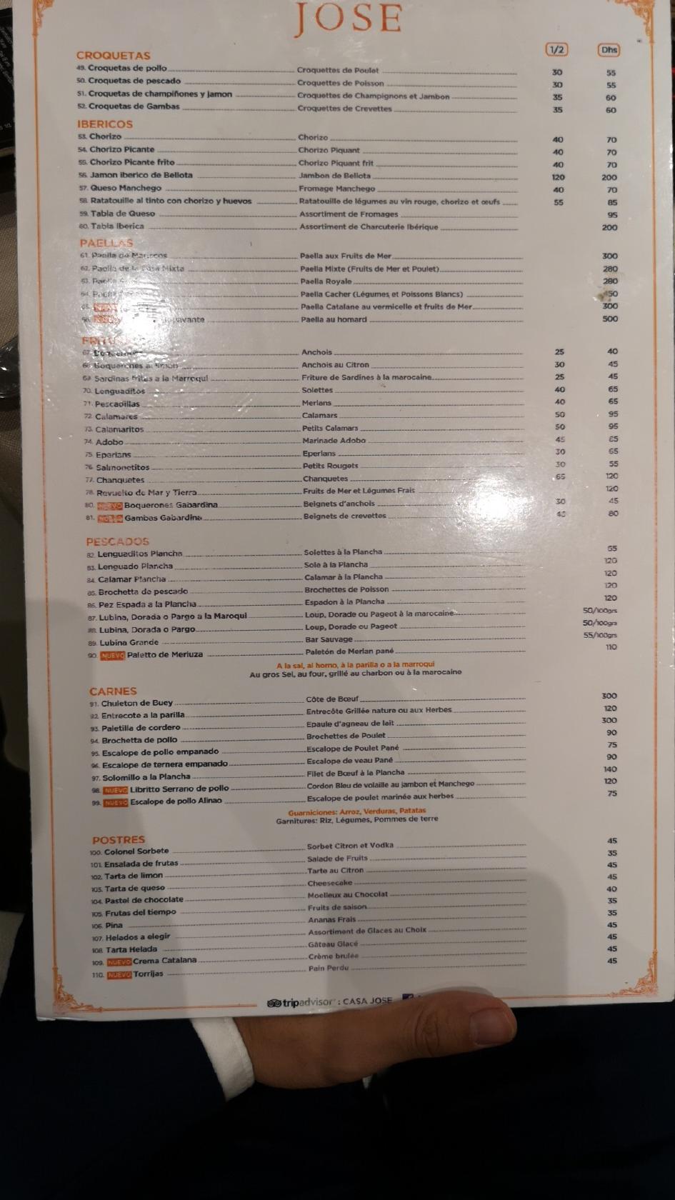 Menu au Casa Jose restaurant, Bouskoura