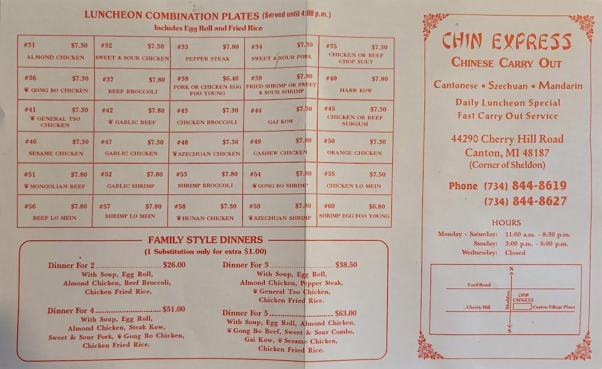 Menu at Chin Express restaurant, Canton