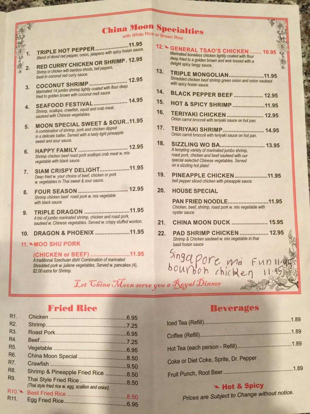 Menu at China Moon restaurant, Chalmette
