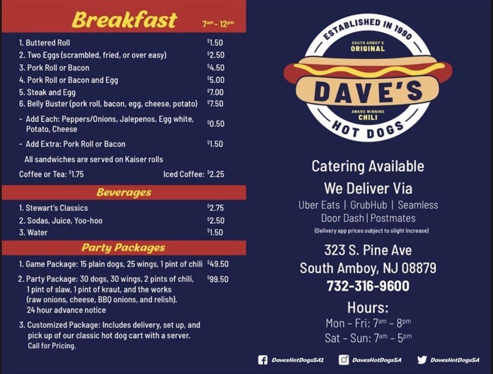 Menu at Dave's Hot Dogs restaurant, South Amboy, 323 S Pine Ave
