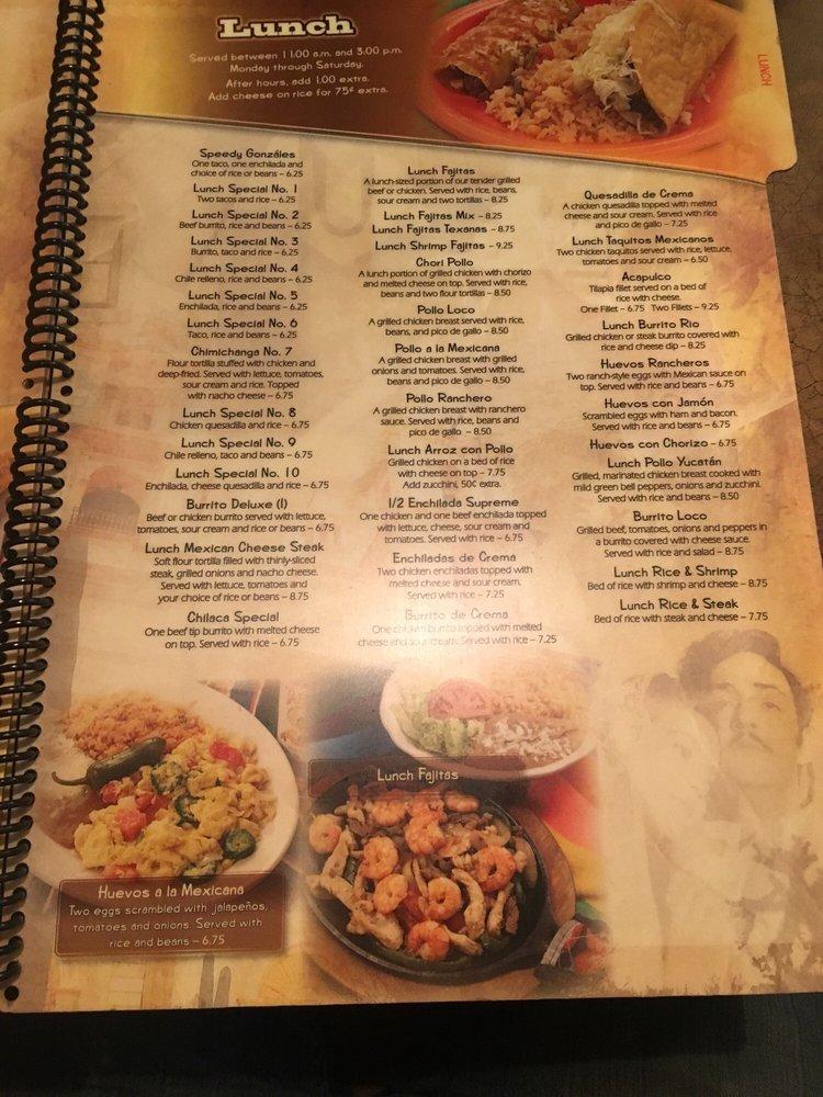 Menu at El Rio Méxican Grill restaurant, Roanoke