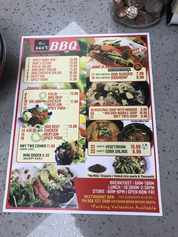 Menu at Han's Korean BBQ, Honolulu