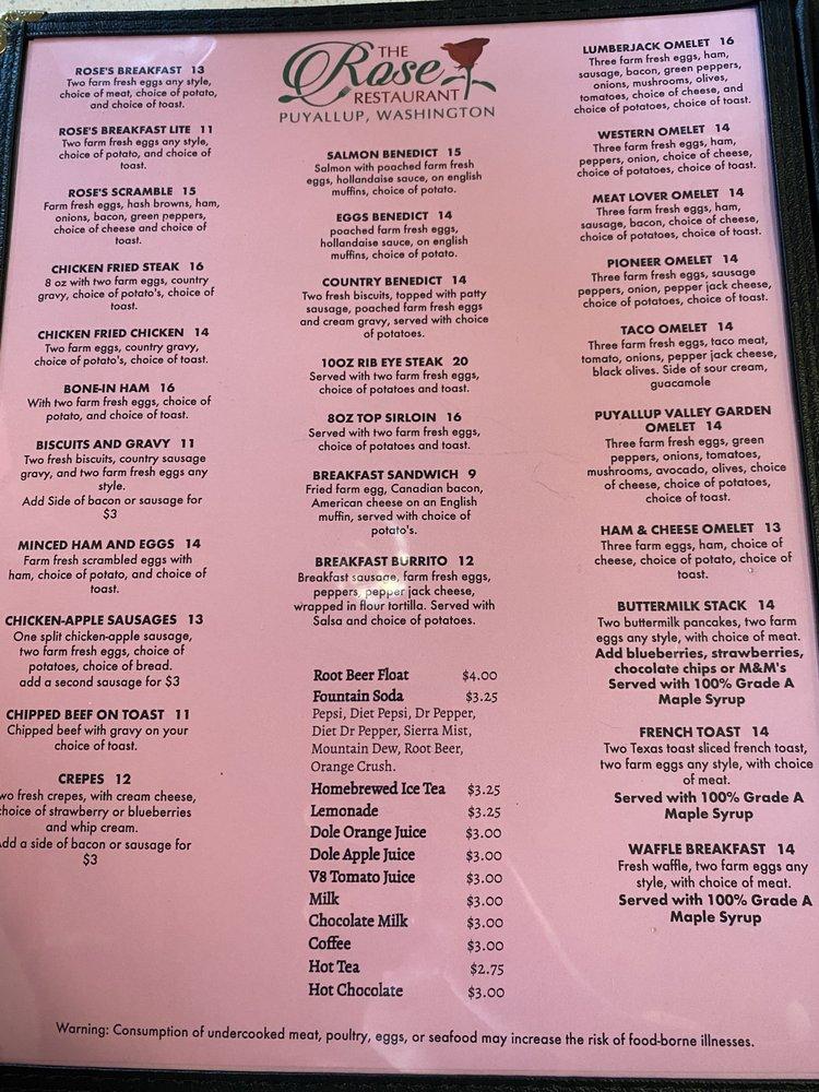Menu at The Rose Restaurant, Puyallup