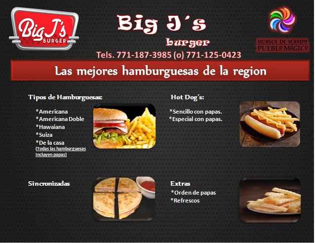 Menu at Big J's Burger restaurant, Huasca