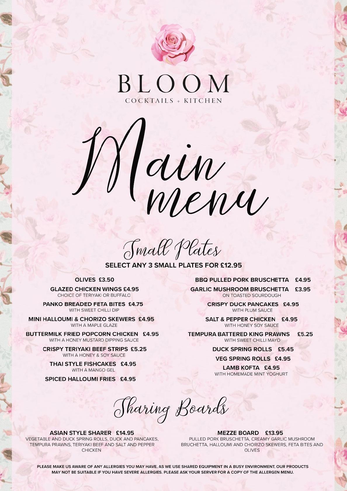 Menu at Bloom Hanley restaurant, Stoke-on-Trent