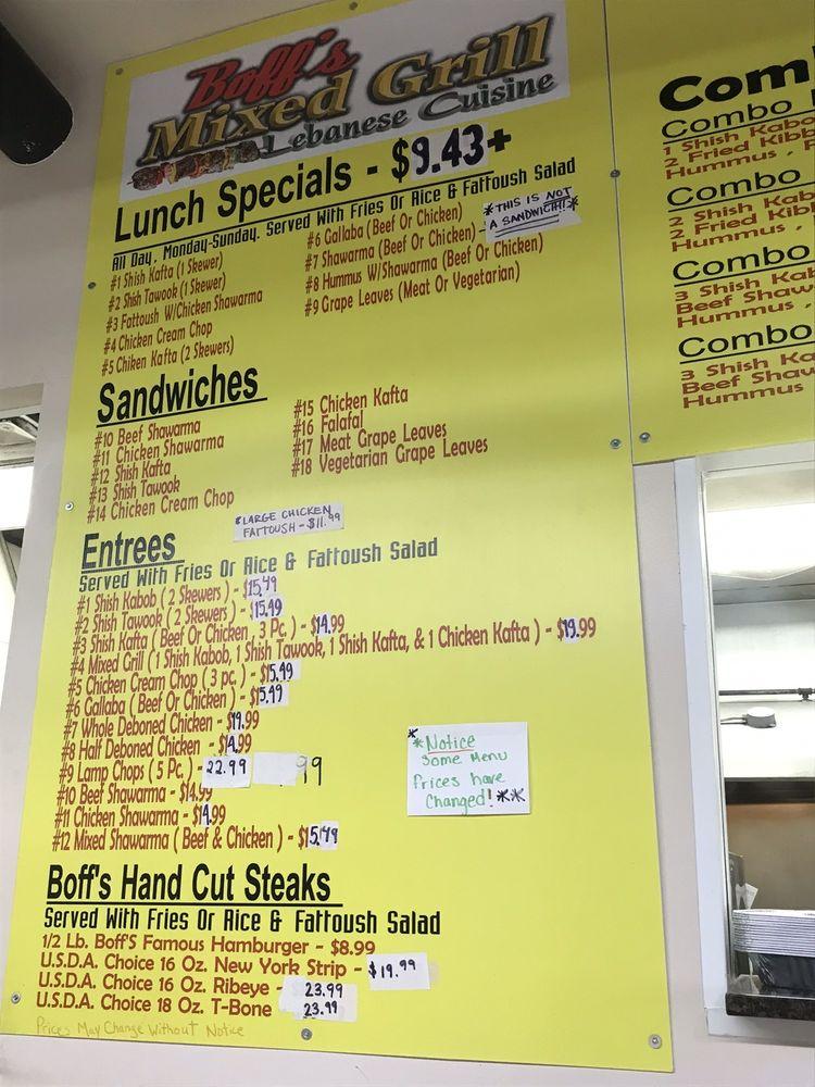 Menu at Boff's Middle Eastern Cuisine restaurant, Warren