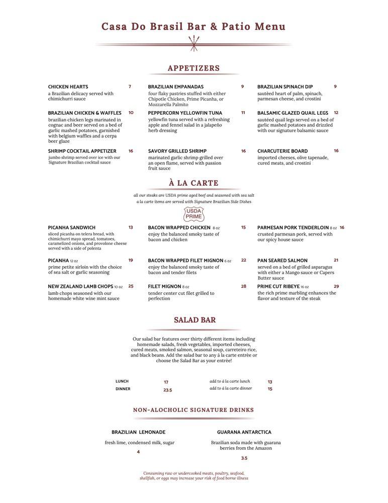 Menu at Casa do Brasil steakhouse, College Station